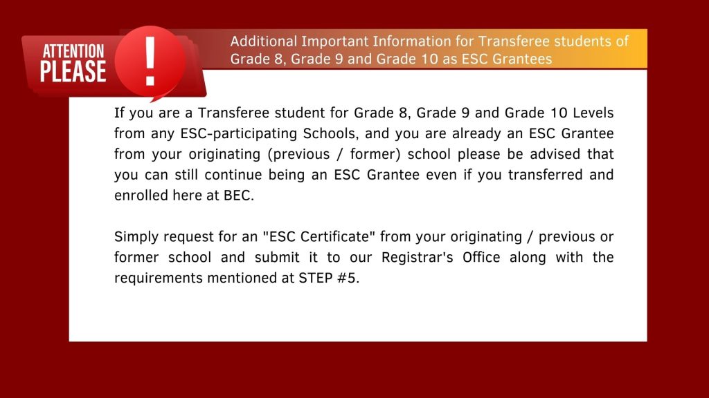 ESC Grants Available for Incoming Grade 7 BEC Students